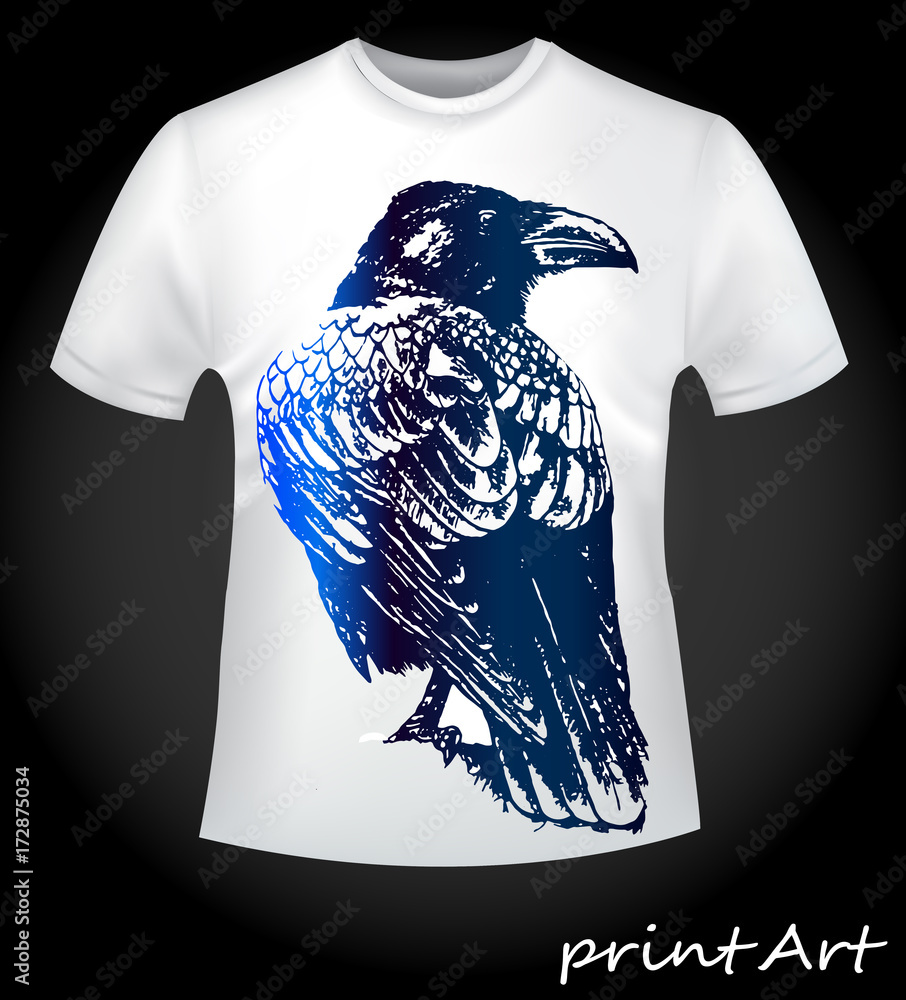 Bird of a raven on a T-shirt. The idea for a stylish print on clothes ...