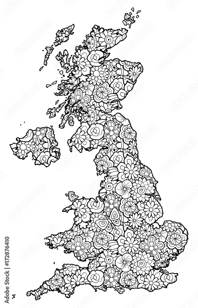 Map of Great Britain with flowers. Black and white vector illustration ...