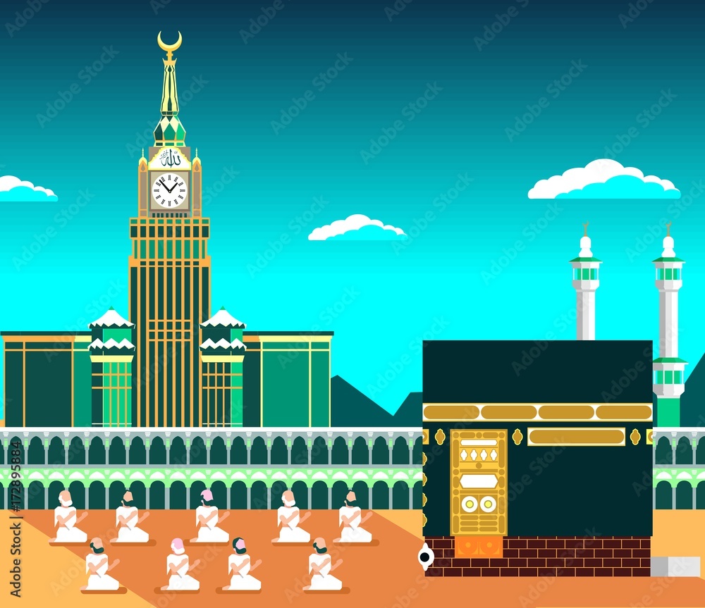 Mecca Or Makkah With Kaaba And Muslims Pray Flat Vector Design Illustration With Daylight Banner