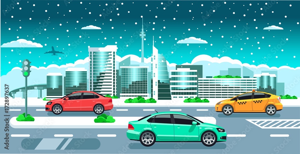 Cars on the winter city panorama. Modern snowy buildings, tv tower, jet ...