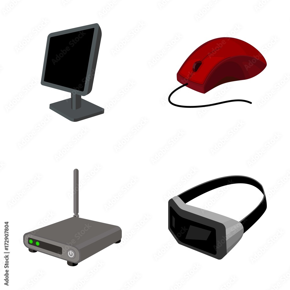 Monitor, mouse and other equipment. Personal computer set collection ...
