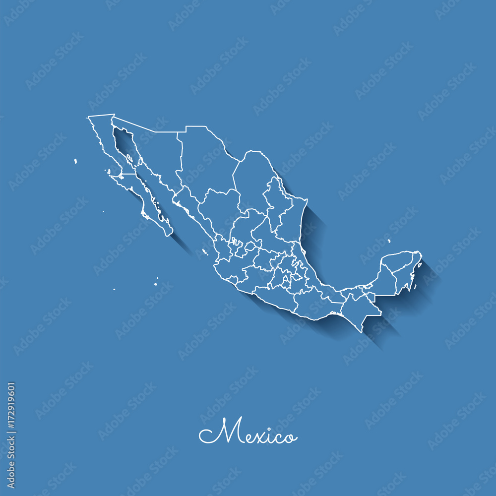 Mexico region map: blue with white outline and shadow on blue ...