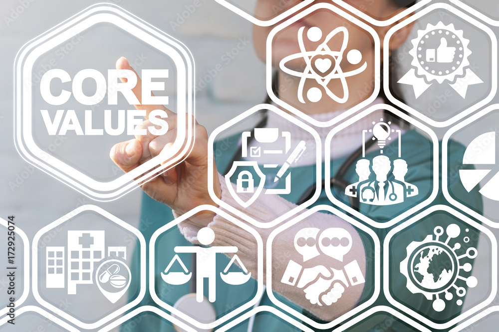 Core Values Medicine concept. Doctor presses core values text button on ...