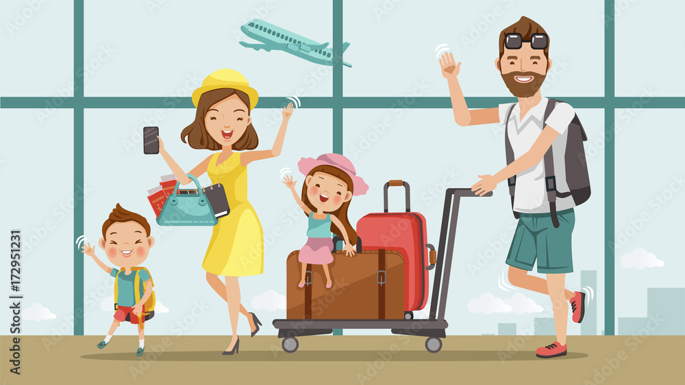 Family travel Family travel. Father ,mother, son and daughter at the ...