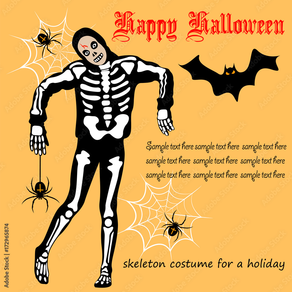 Сard, poster, advertisement with a skeleton costume for Halloween, with ...