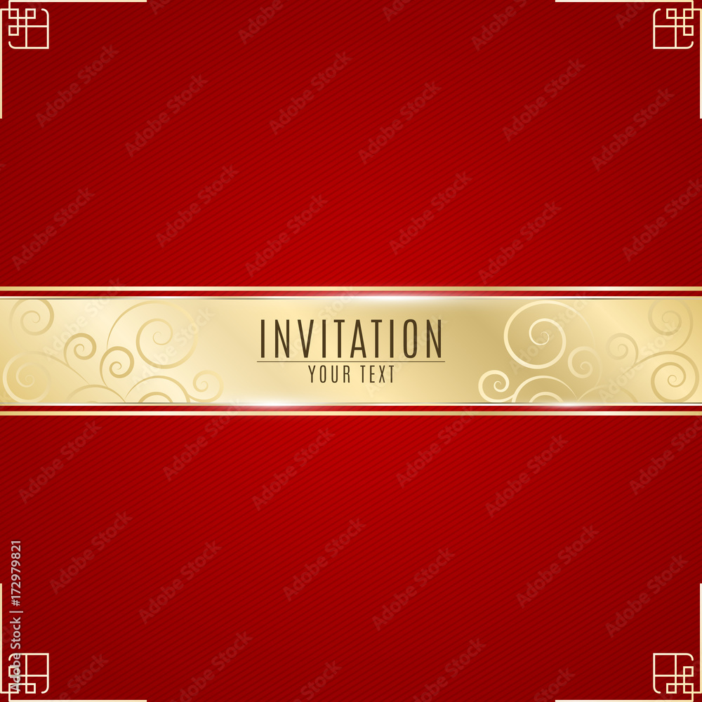 Luxurious invitation. Golden ribbon banner on a red background with a ...