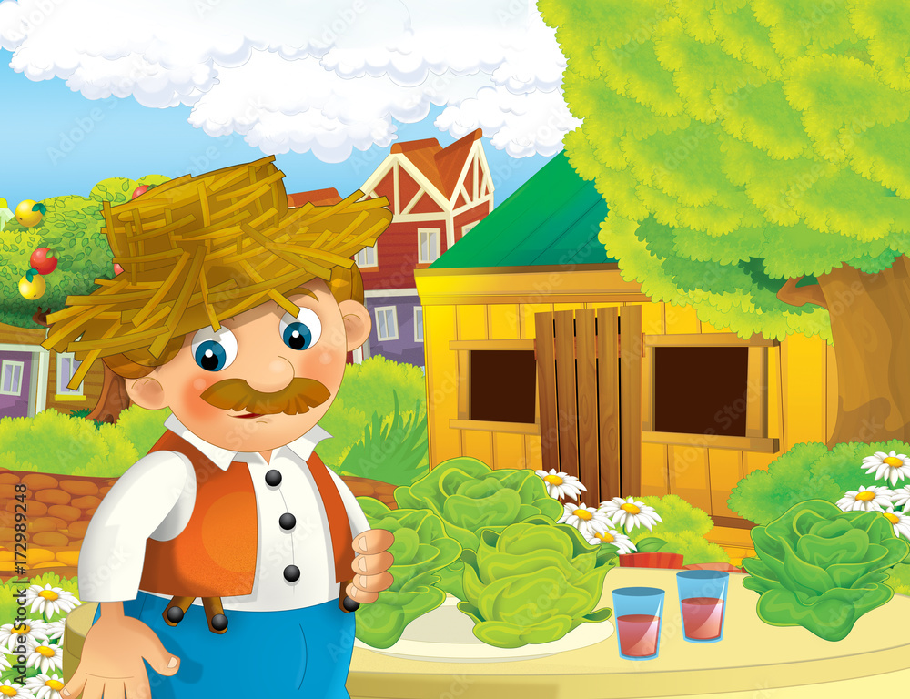 cartoon scene with happy man working on the farm - standing and smiling ...