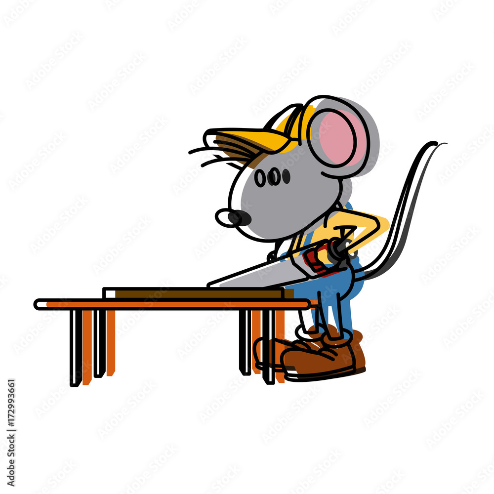Cute mouse worker cutting wood with saw cartoon icon vector ...