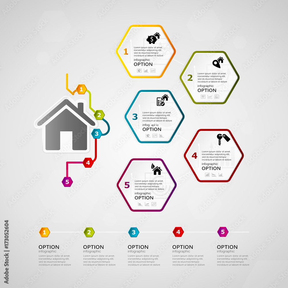 Real estate timeline infographics design with property icons. Five ...