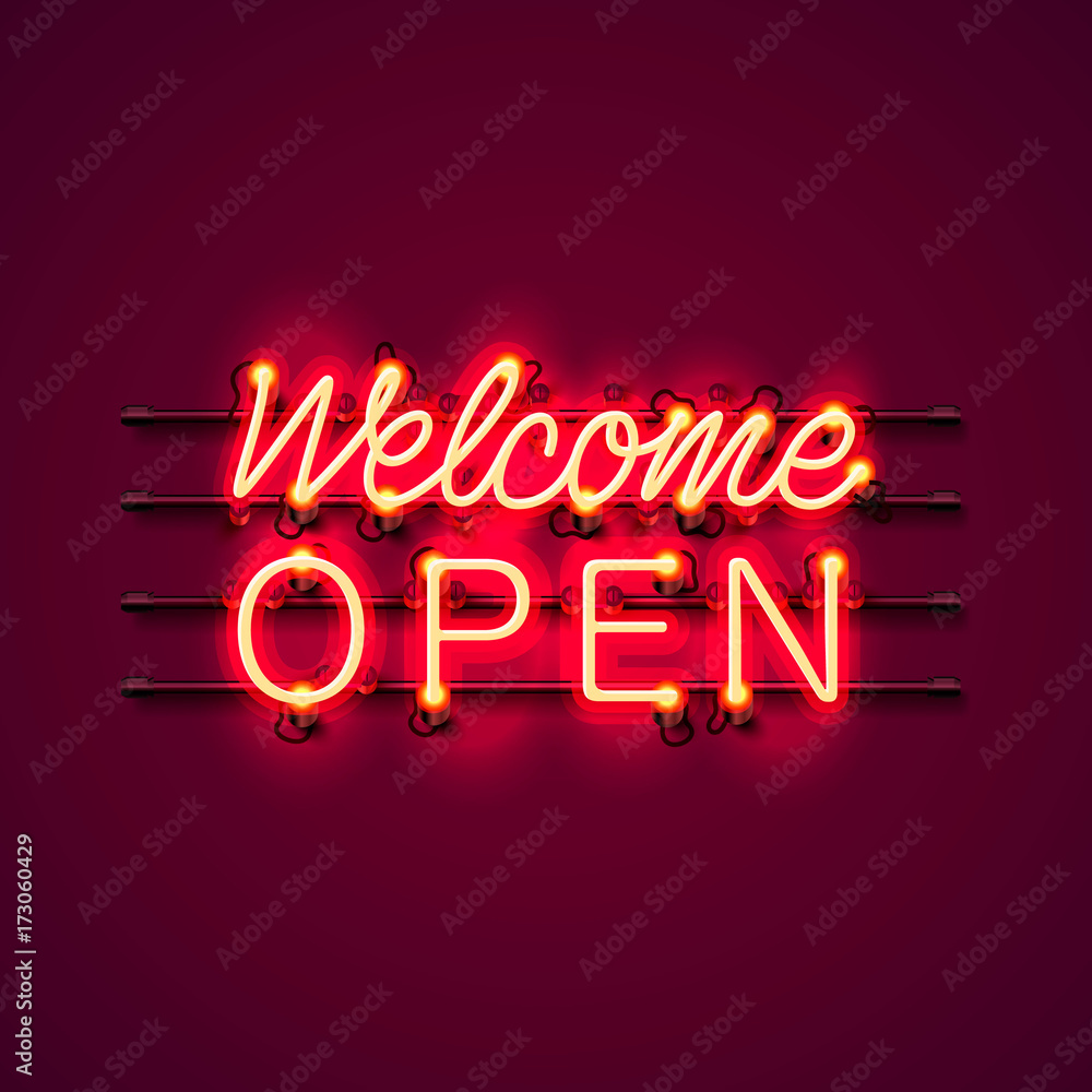 Neon welcome open signboard on the red background. Vector illustration ...