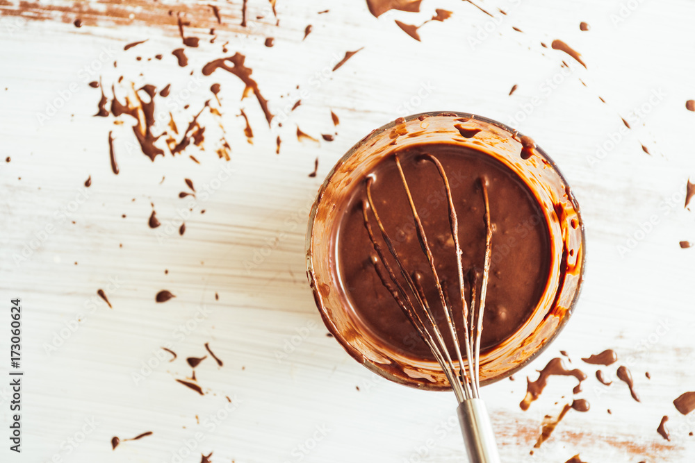 Chocolate ganache is prepared with raw chocolate and cream milk, on a ...