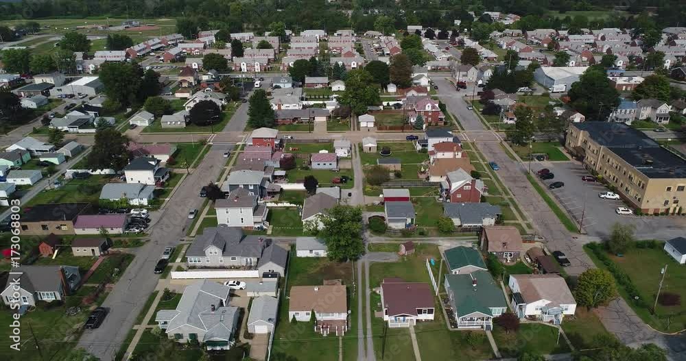 A high angle aerial establishing shot of a typical Western Pennsylvania ...