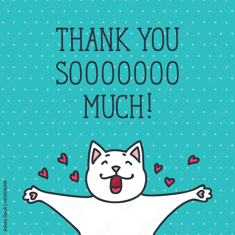 Thank You Card With Cute White Cat On Dotted Background Hand Drawn Vector Illustration Stock