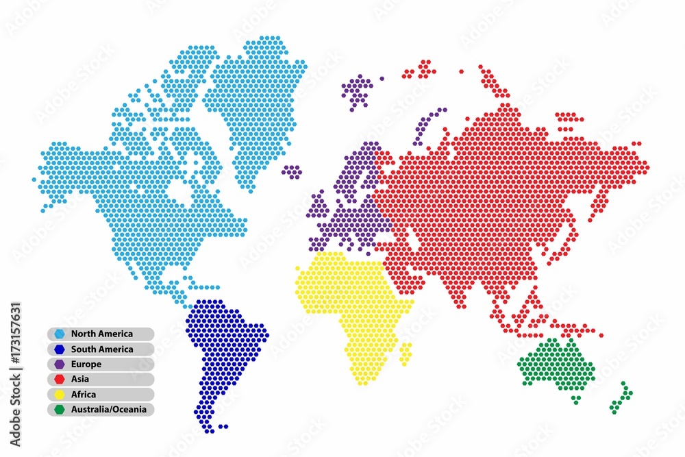 Hexagon shape world map continent in a different color, vector ...