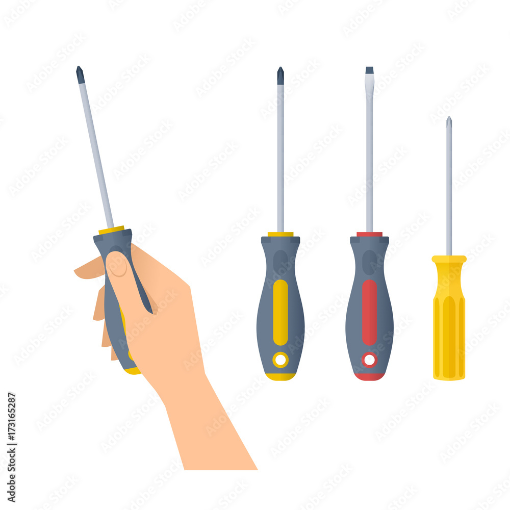 Human hand holds screwdriver. Flat illustration of male hand with ...