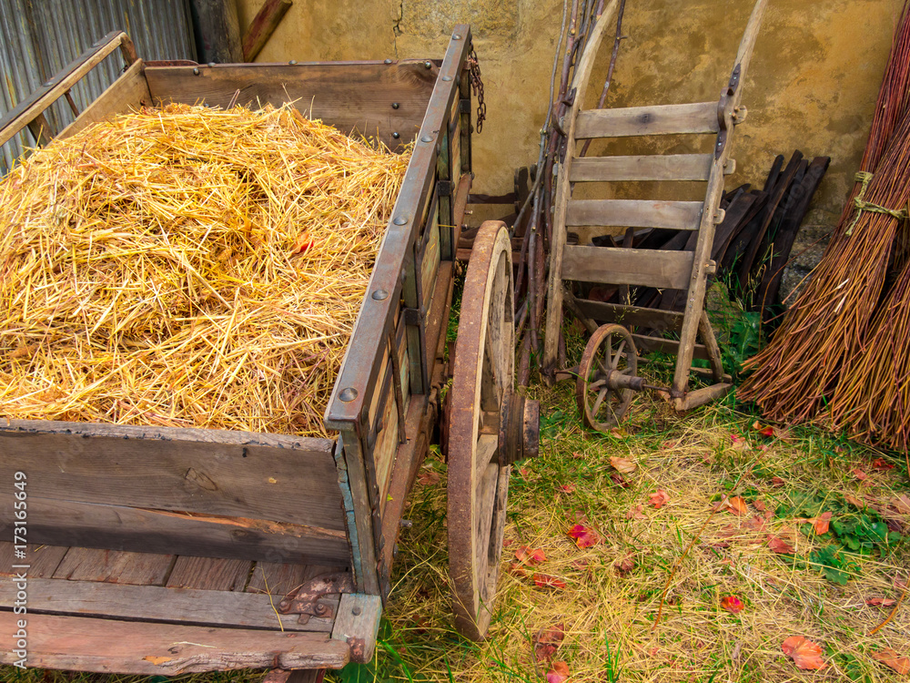 Carriage of straw, belonging to a medieval time Stock Photo | Adobe Stock