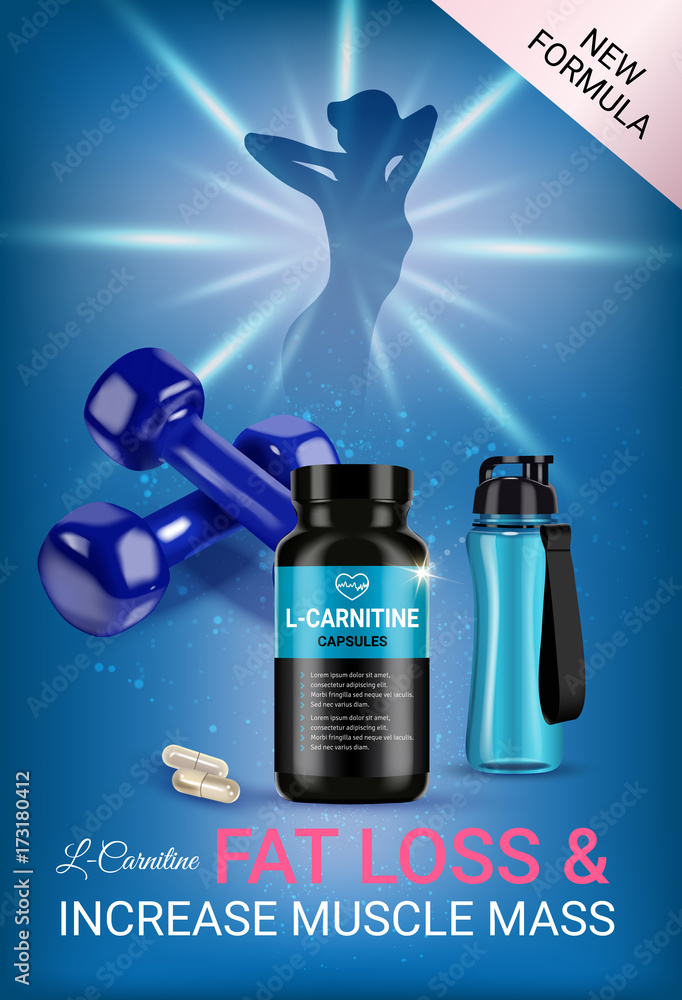 Fat loss L-Carnitine ads. Vector realistic illustration of cans with ...