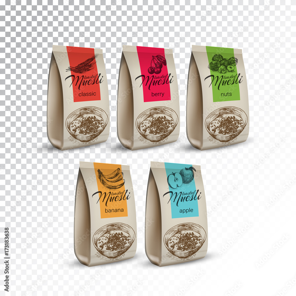 Vector realistic illustration of packaging muesli with various tastes ...