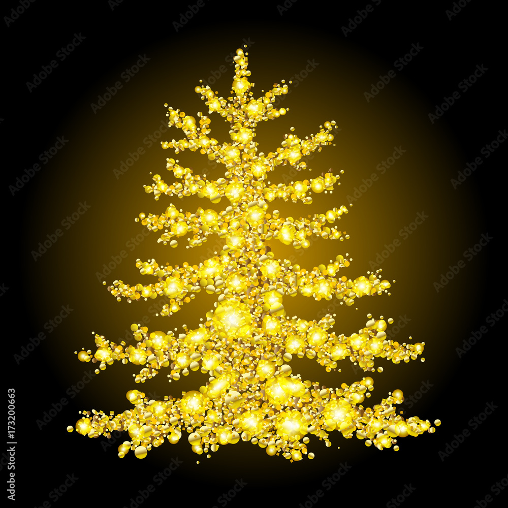 Christmas tree from scattered gold spangles of different shapes with ...