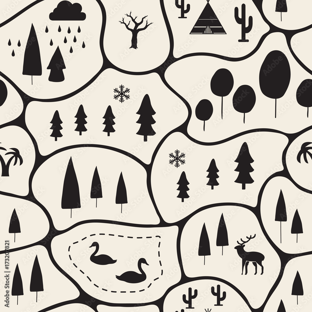 seamless abstarct monochrome hand drawn earth map pattern background ...