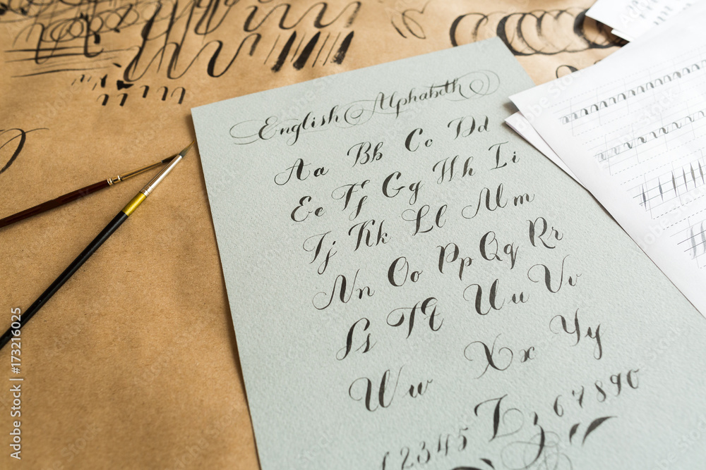 lettering, technique, drawing concept. english alphabeth written in ...