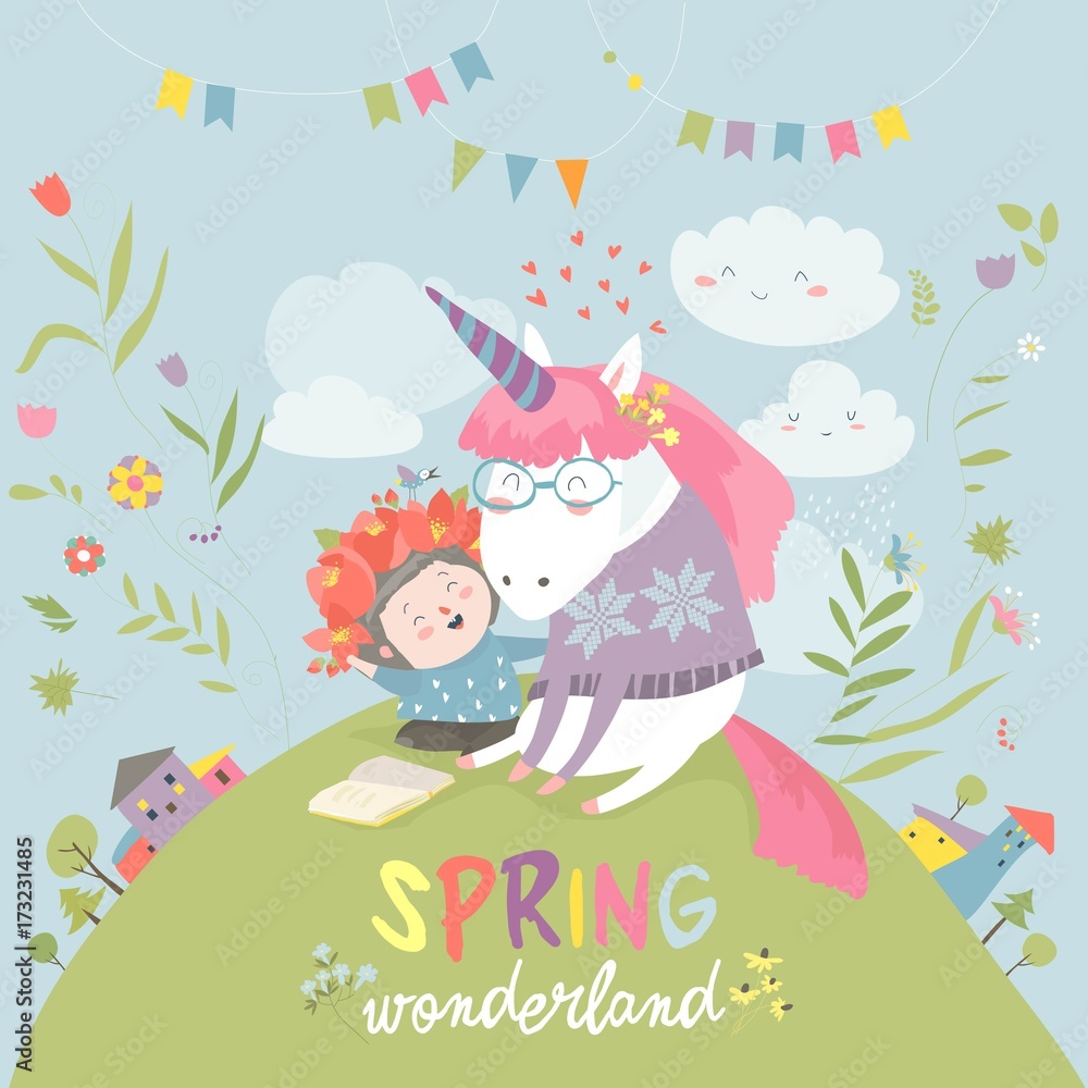 Cute girl hugging unicorn. Spring wonderland Stock Vector | Adobe Stock