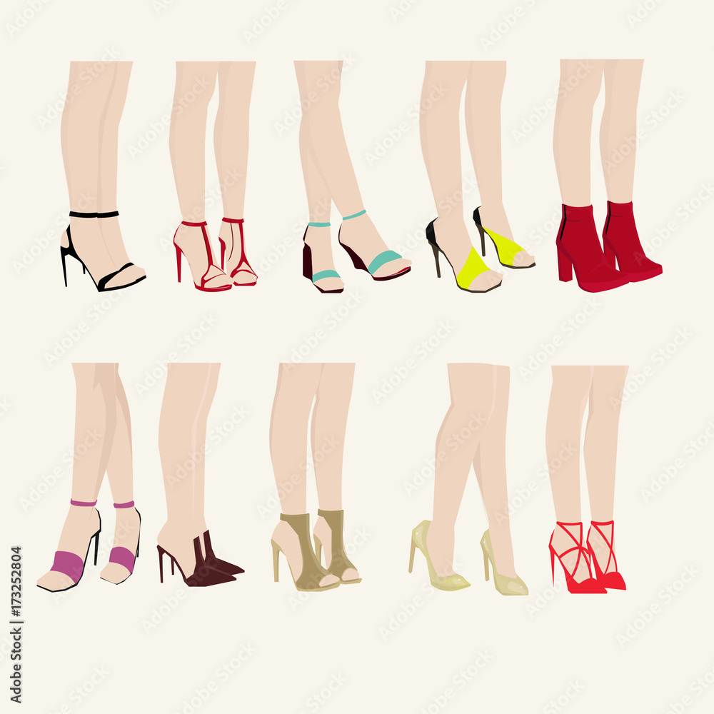 Woman's fashion shoe and model legs illustration vector collection set ...
