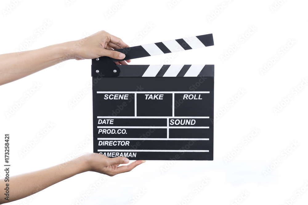 woman hold movie clapper on isolated and white background ; film ...