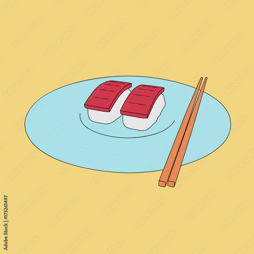 Sushi lying on a plate executed in animation style. Asian food. Vector ...