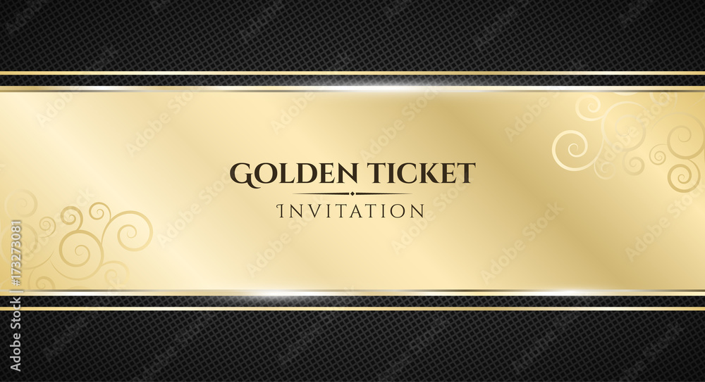 Golden ticket. Luxurious invitation. Golden ribbon banner on a black ...