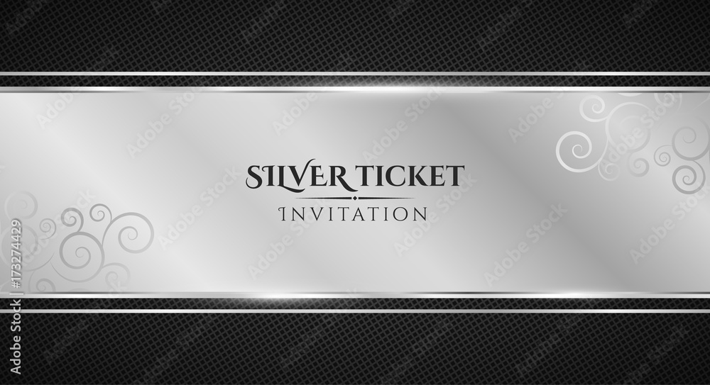 Silver ticket. Luxurious invitation. Silver ribbon banner on a black ...