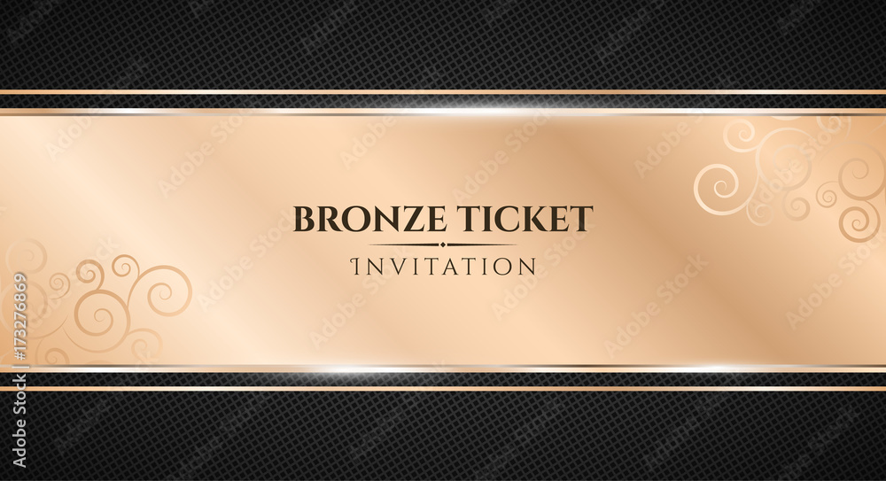 Bronze ticket. Luxurious invitation. Bronze ribbon banner on a black ...