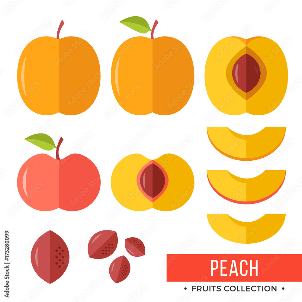 Peach. Whole peach and parts, slices, pits, leaves, core. Set of fruits ...