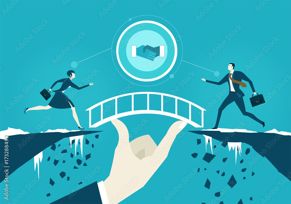 Business people running towards the safe bridge from the falling ...