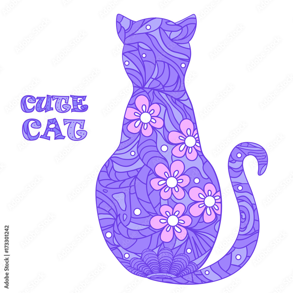 Cat. Design Zentangle. Hand drawn cat with abstract patterns on ...