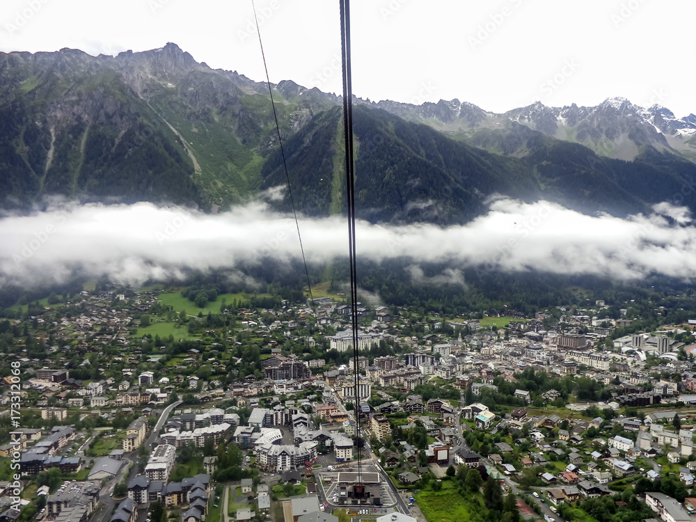 Cable car view from Chamonix to Aiguille du Midi mountain - Mont Blanc ...
