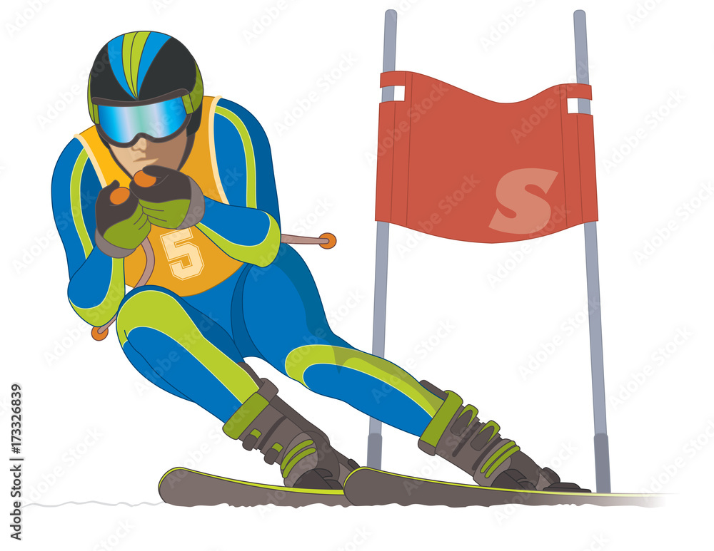 skier male, racing downhill with ski flag isolated on a white ...