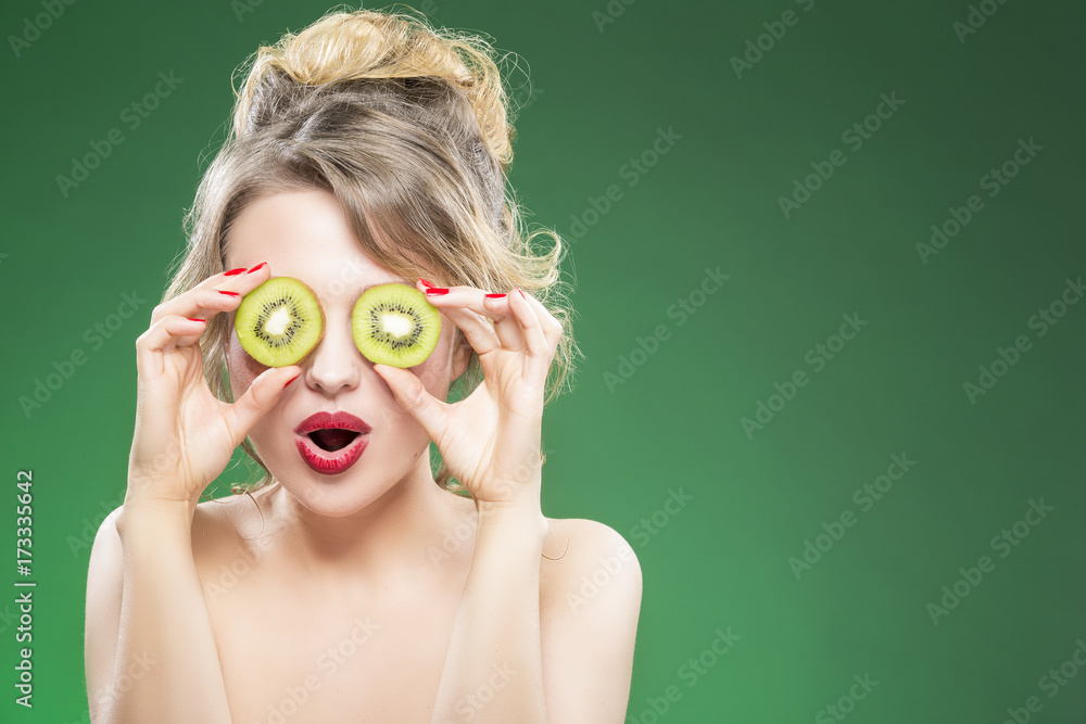 Kiwi Fruit Series Smiling Caucasian Nude Model Making Faces While