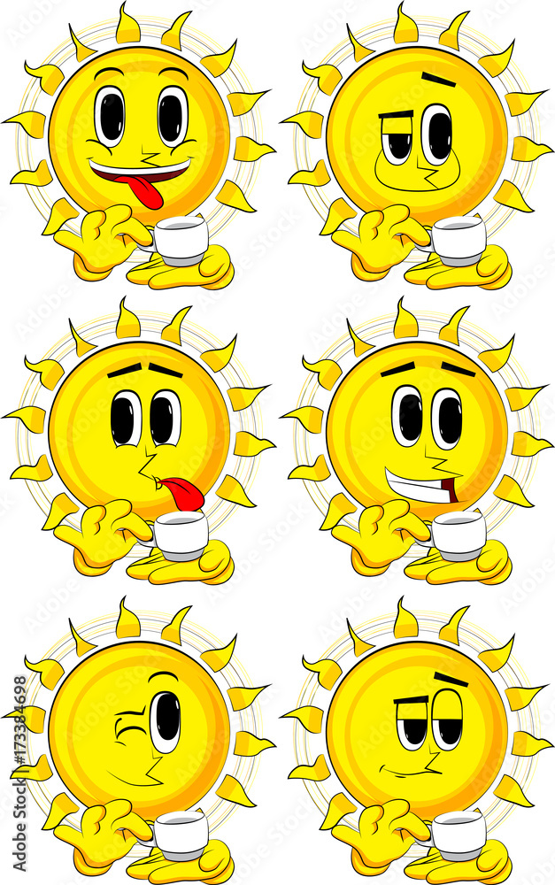Cartoon sun holding a cup of coffee. Collection with happy faces ...
