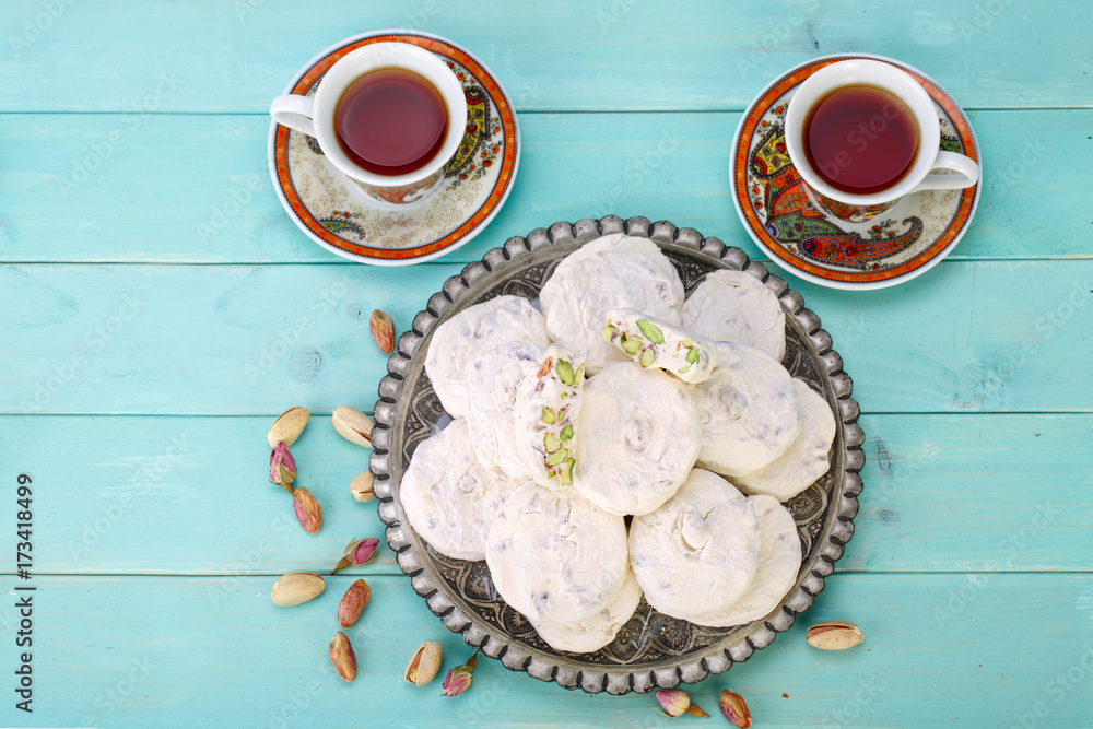 Shot from top. Traditional Iranian and Persian pieces of white nougat ...