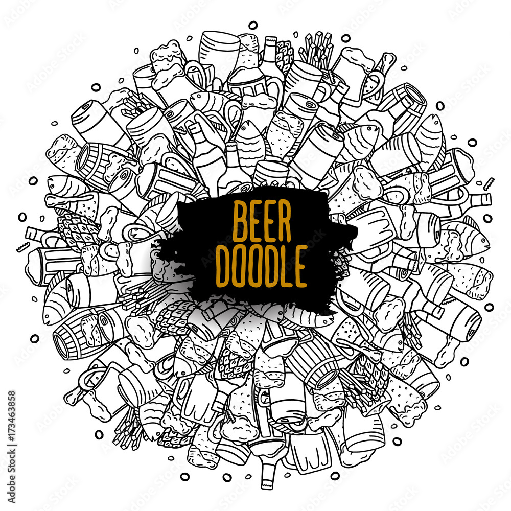 round beer doodle poster. vector label from beer glasses and snacks ...