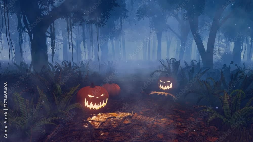 Jack-o-lantern carved halloween pumpkins on trail through spooky ...