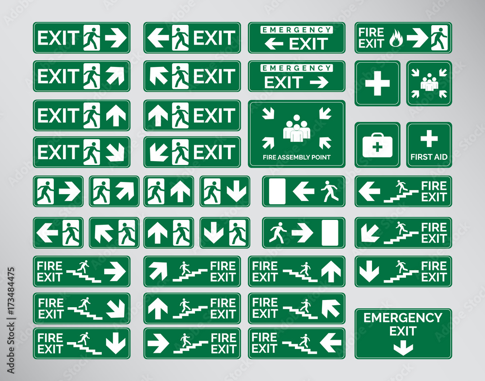 Set Of Green Emergency Exit Signs, Assembly Point, Fire Vectorial ...