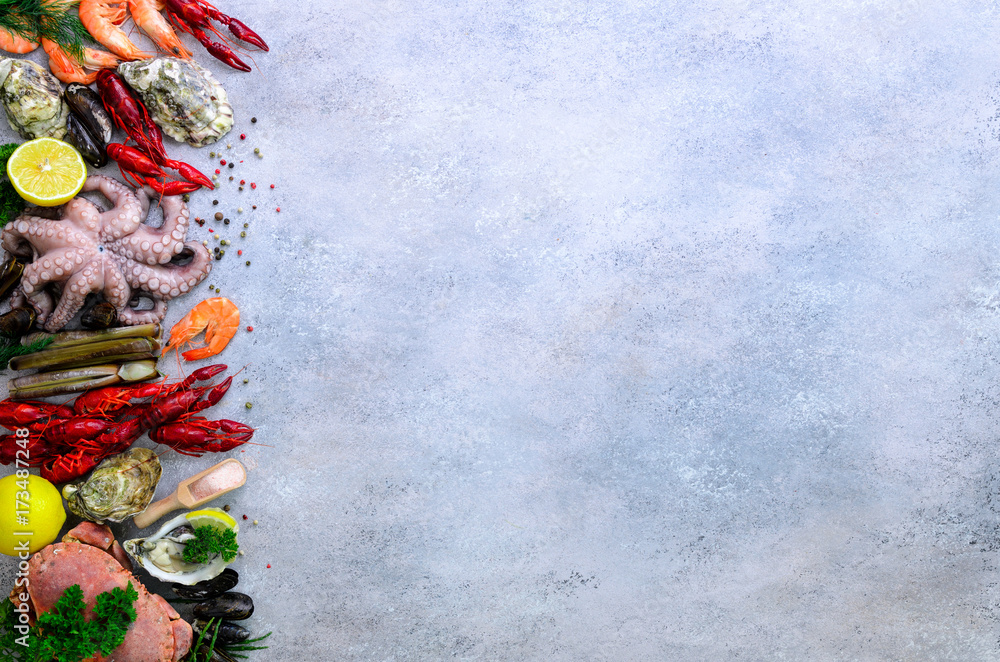 Seafood background - fresh mussels, molluscs, oysters, octopus, razor ...