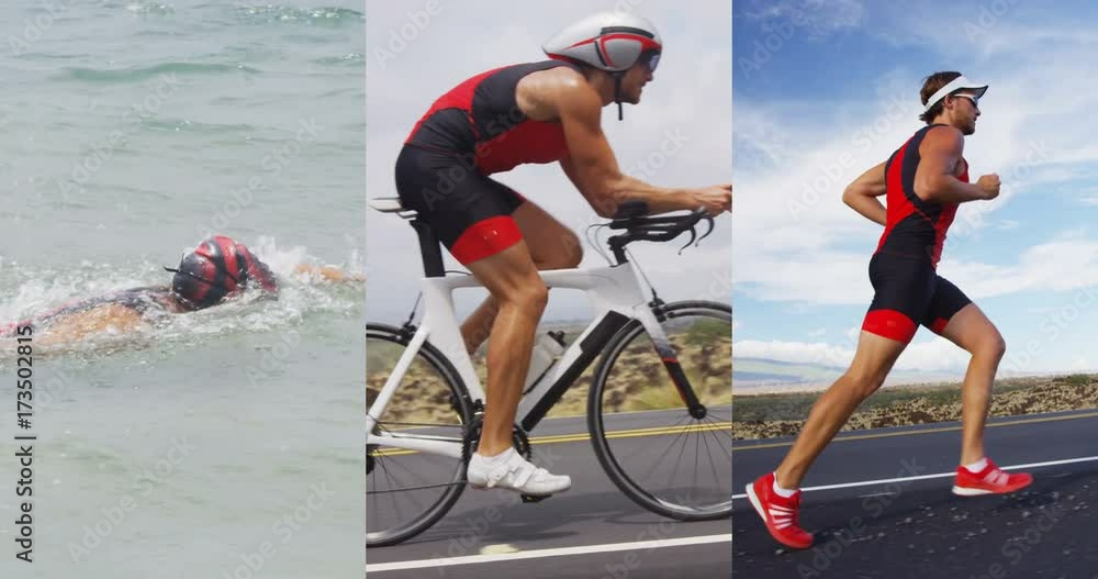 Triathlon - Triathlete man swimming, running and cycling in triathlon ...