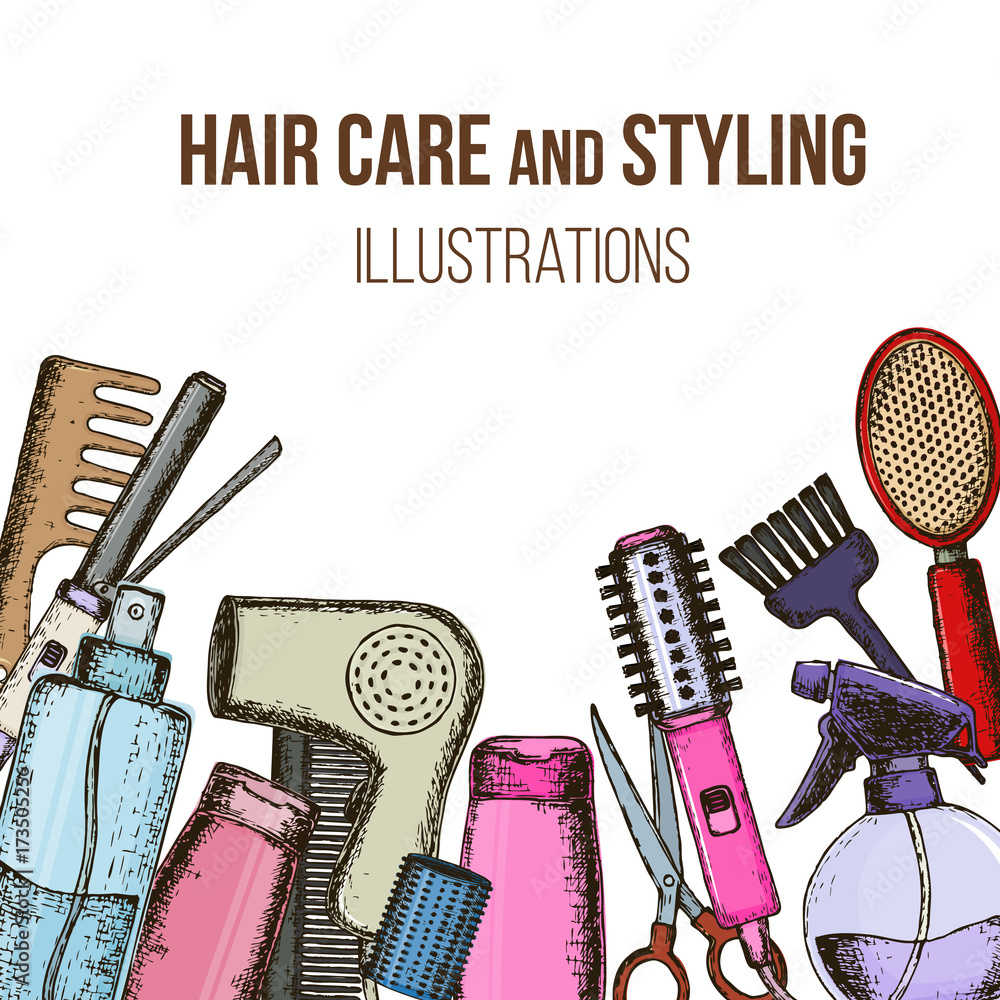 Set of colorful sketch equipments for styling and hair care. Products ...