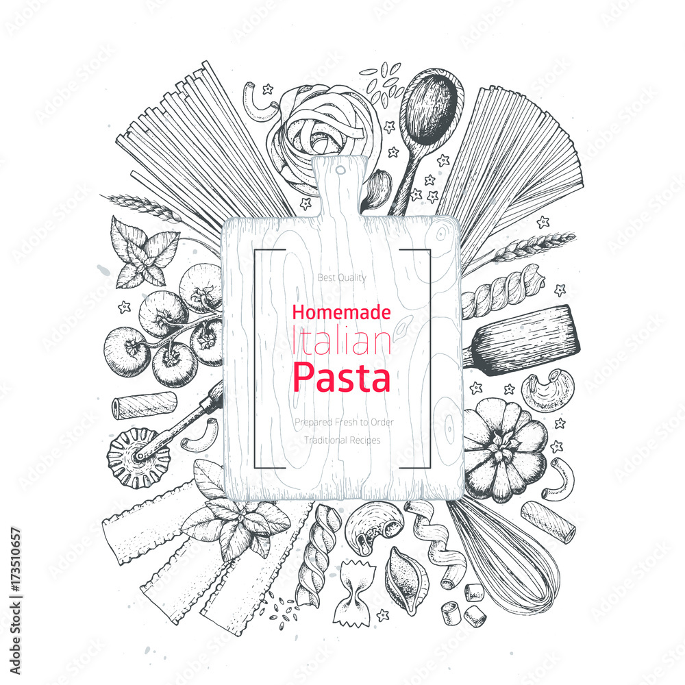 Italian pasta label. Hand drawn vector illustration. Collection of ...