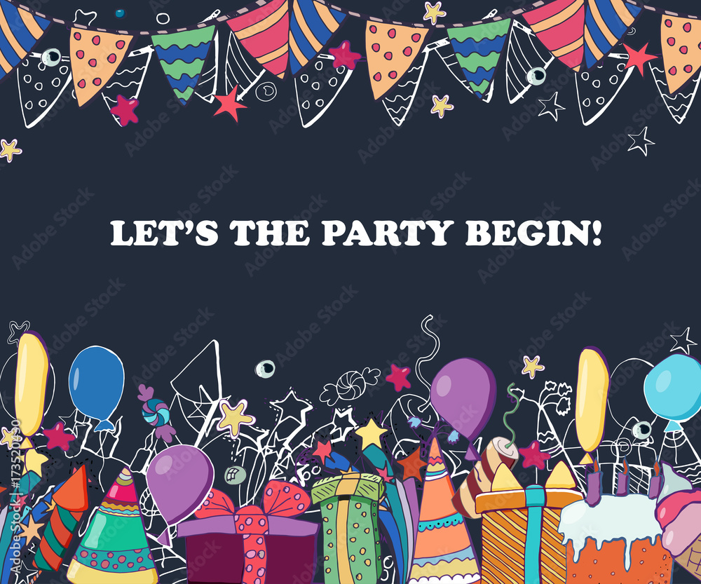 Vector template for birthday party greeting card. Hand drawn ...