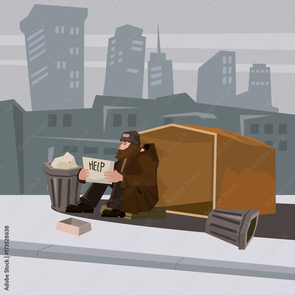 Homeless bearded in shabby clothes, background city, cardboard dwelling ...