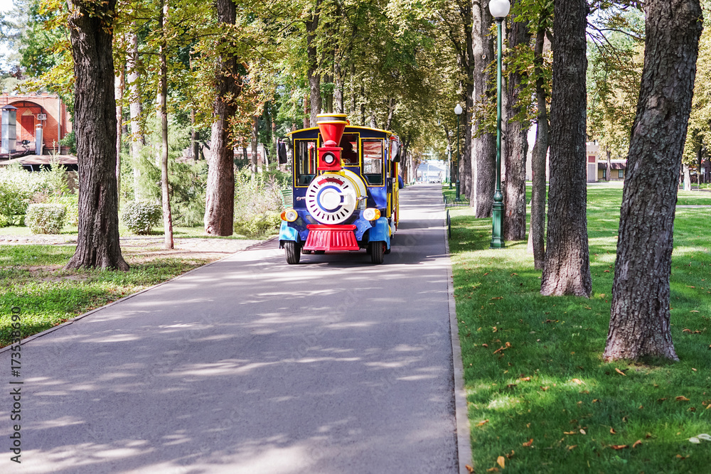 Fun children train on an avenue in a recreation park among trees Stock ...